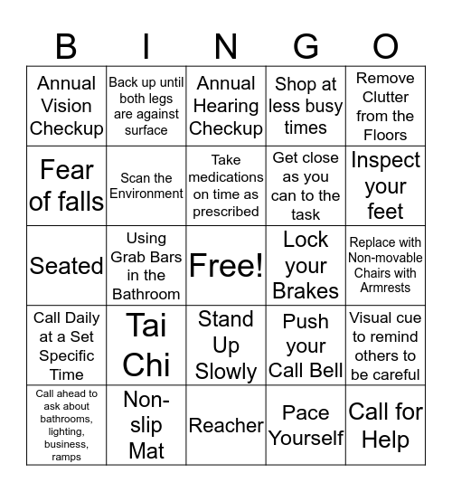 Fall Prevention Bingo Card