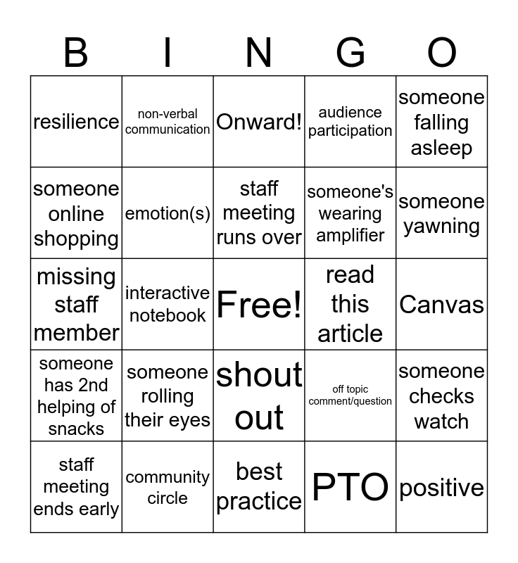 Staff Meeting Bingo Card