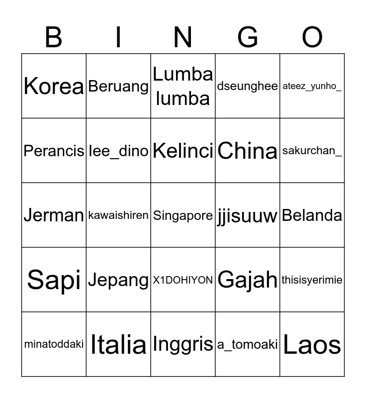 Bingo Yugo Bingo Card