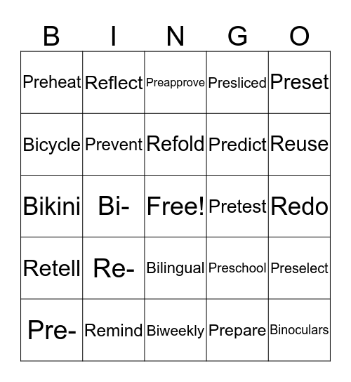 Pre-, Re-, and Bi- Bingo Card
