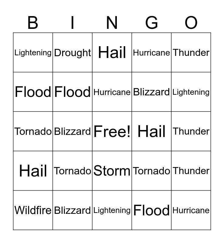 Severe Weather Bingo Card
