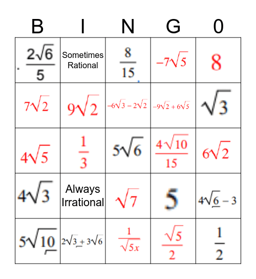 Radical Numbers Bingo Card