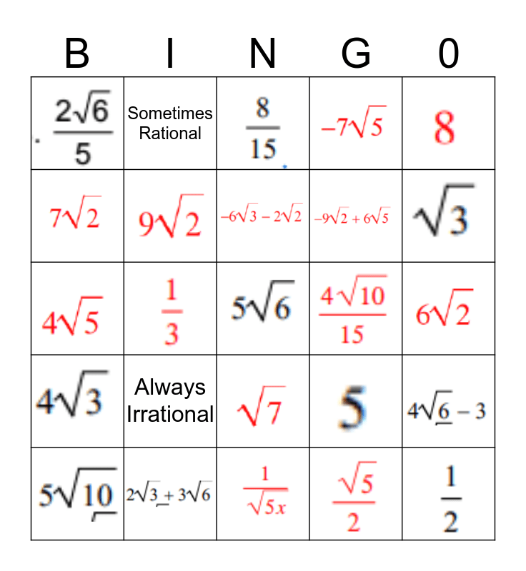 Radical Numbers Bingo Card