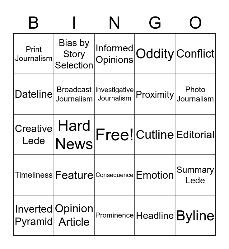 Journalism Review Bingo Card
