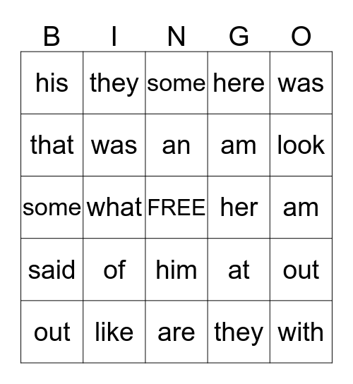 Kindergarten High Frequency Words Bingo Card
