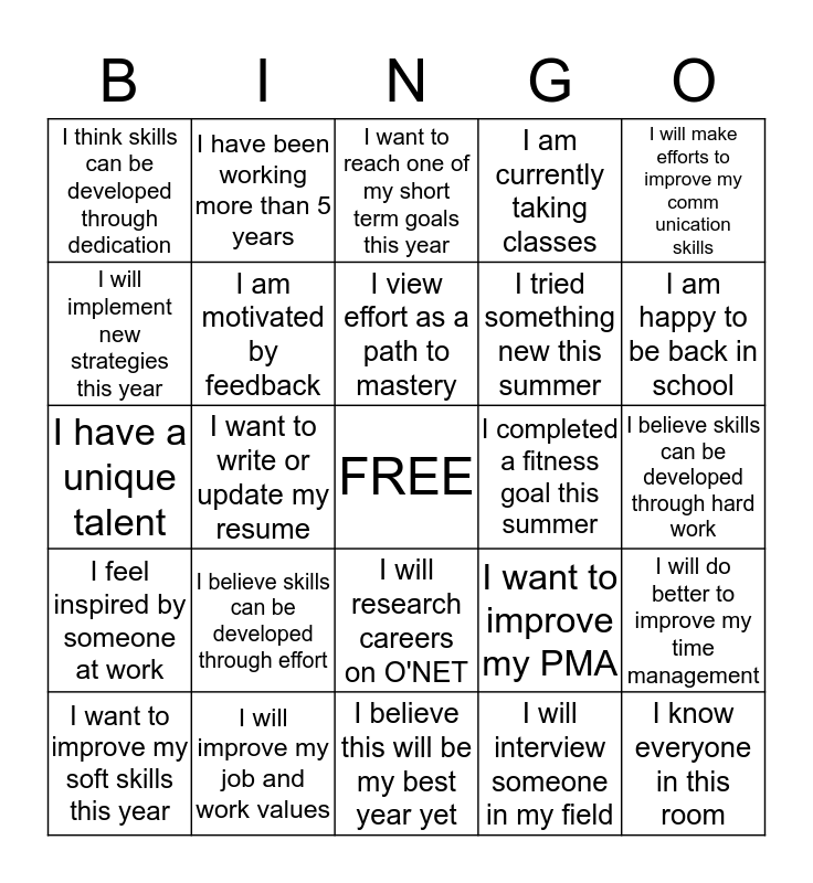 Growth Mindset Bingo Card