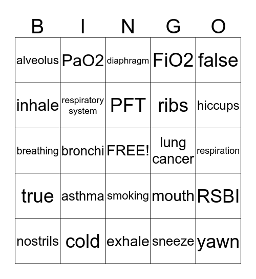 Respiratory System Game Bingo Card