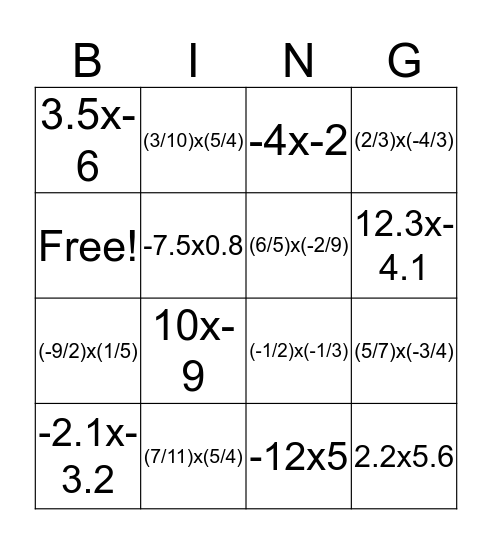 Multiplication Bingo Card