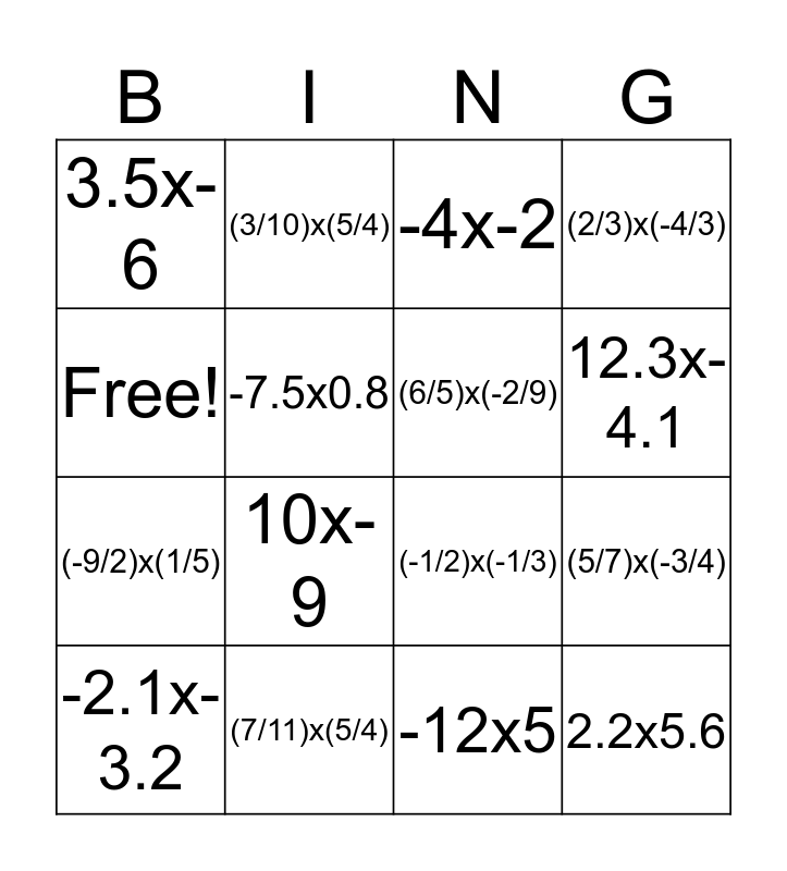 Multiplication Bingo Card