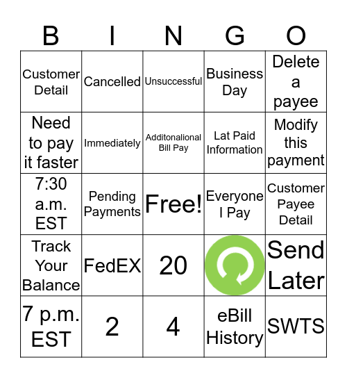 Bill Pay Bingo Card