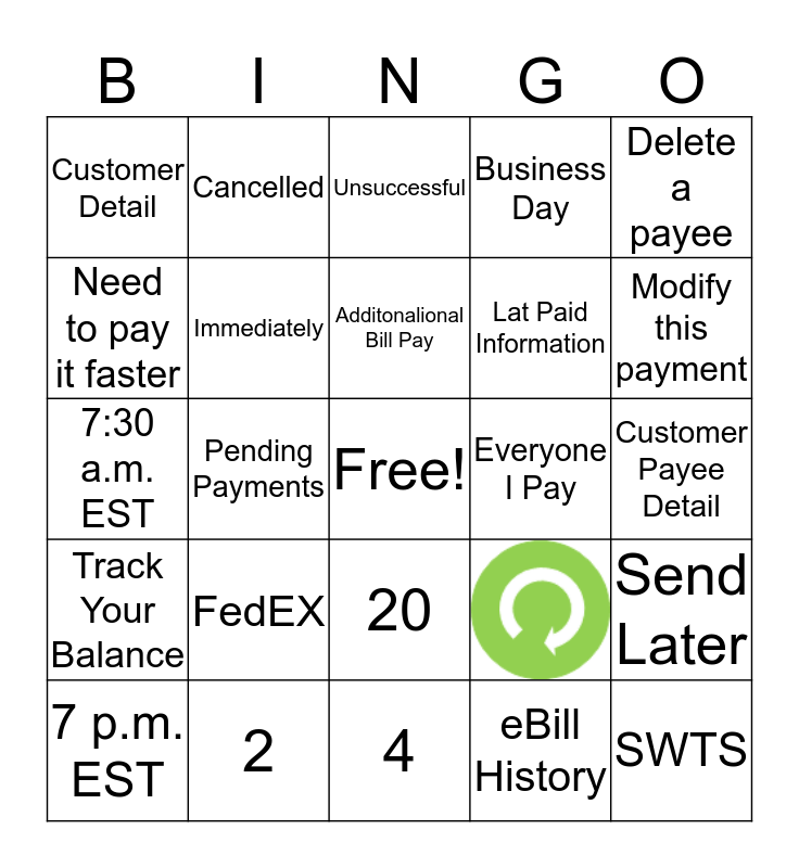 Bill Pay Bingo Card
