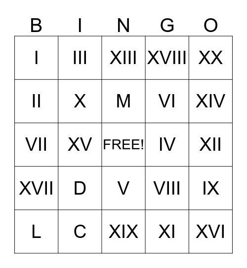 Roman Numeral Bingo Card