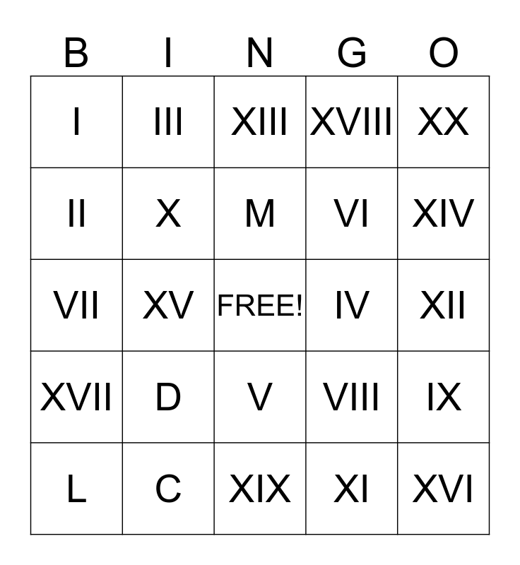 Roman Numeral Bingo Card