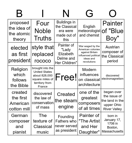 Classical Era Bingo Card