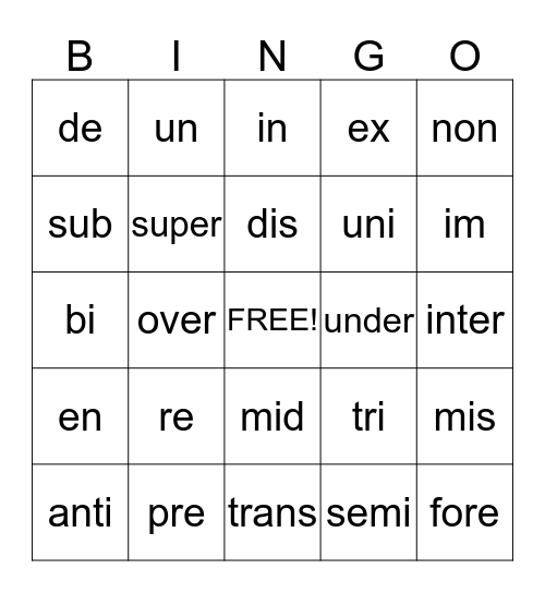 Prefix BINGO Card