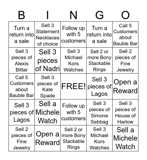 Weekly Jewelry Bingo Card