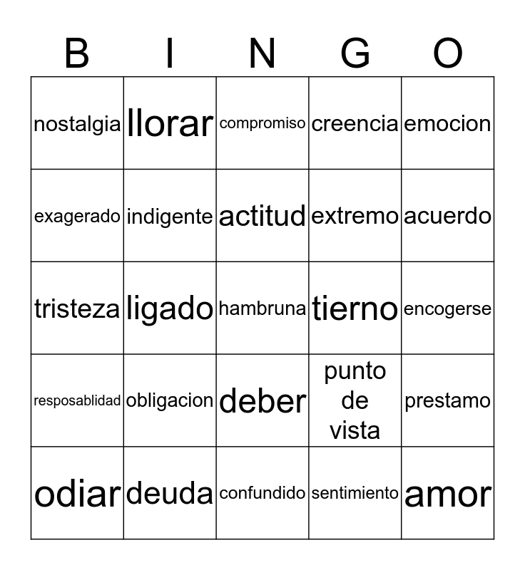 sentimiento y obligacion Bingo Card