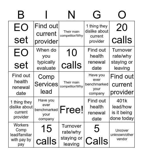 Cold Calling Bingo Card
