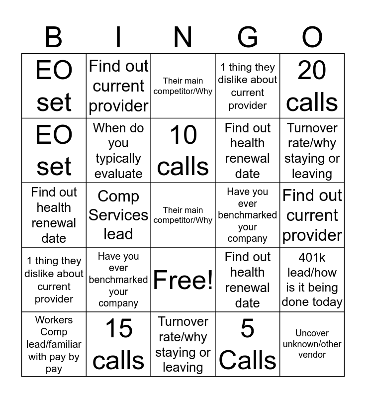 Cold Calling Bingo Card