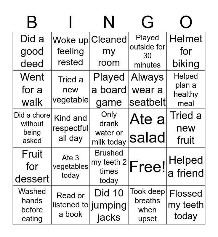 Healthy Choices BINGO Card