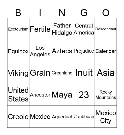 North America Bingo Card