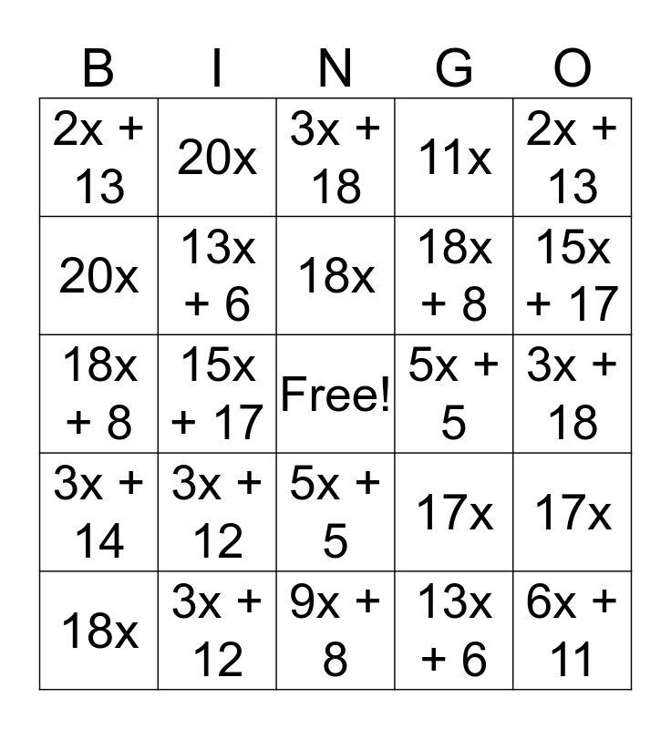 Simplifying Expressions Bingo Card