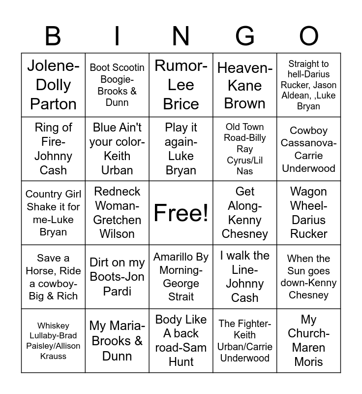 BB83 Pop goes the Country! Bingo Card
