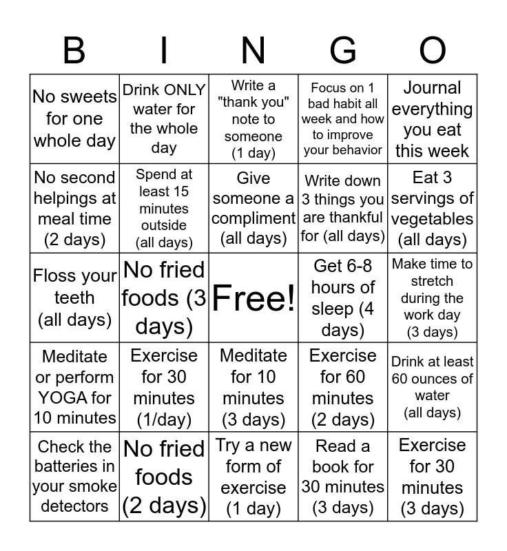 Fall Into Healthy Habits- Week 1 Bingo Card