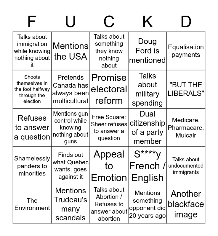 Federal Election - Party Leader's Bingo Card