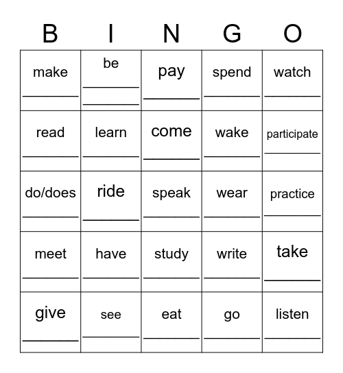 Past Tense Verbs Bingo Card