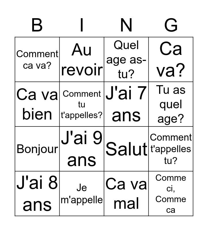 Les salutations Bingo Card