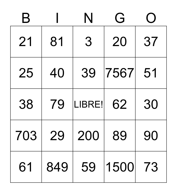 Les Nombres Bingo Card