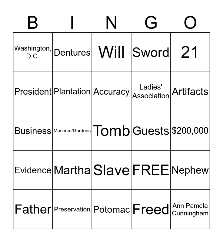 George Washington Bingo Card