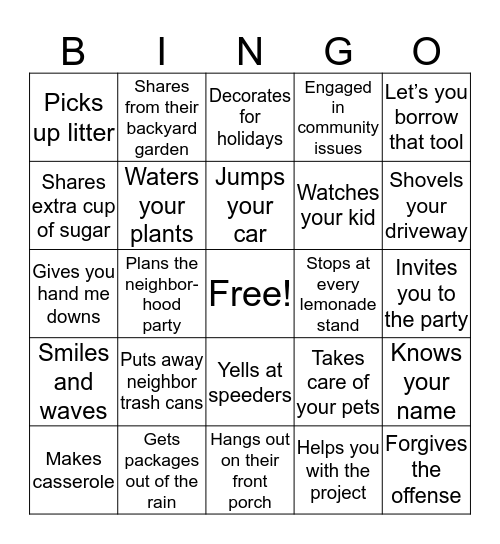 Good Neighbor BINGO Card