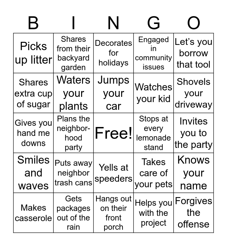Good Neighbor BINGO Card