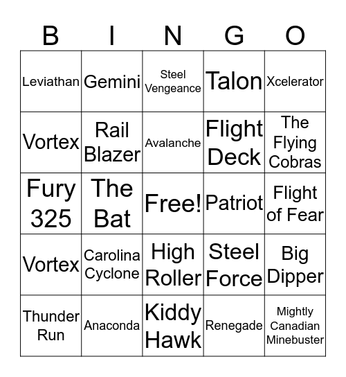 Roller Coaster Bingo Card