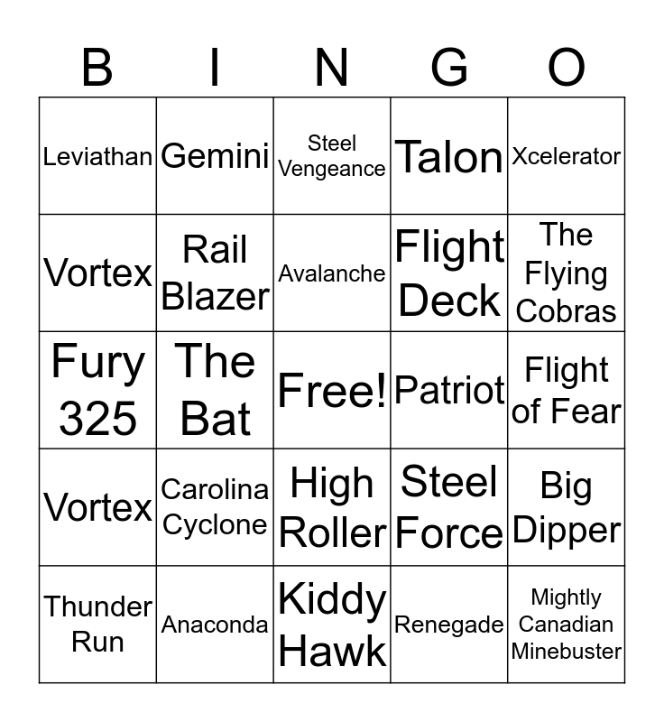 Roller Coaster Bingo Card
