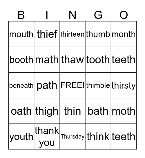 "th" initial and final Bingo Card