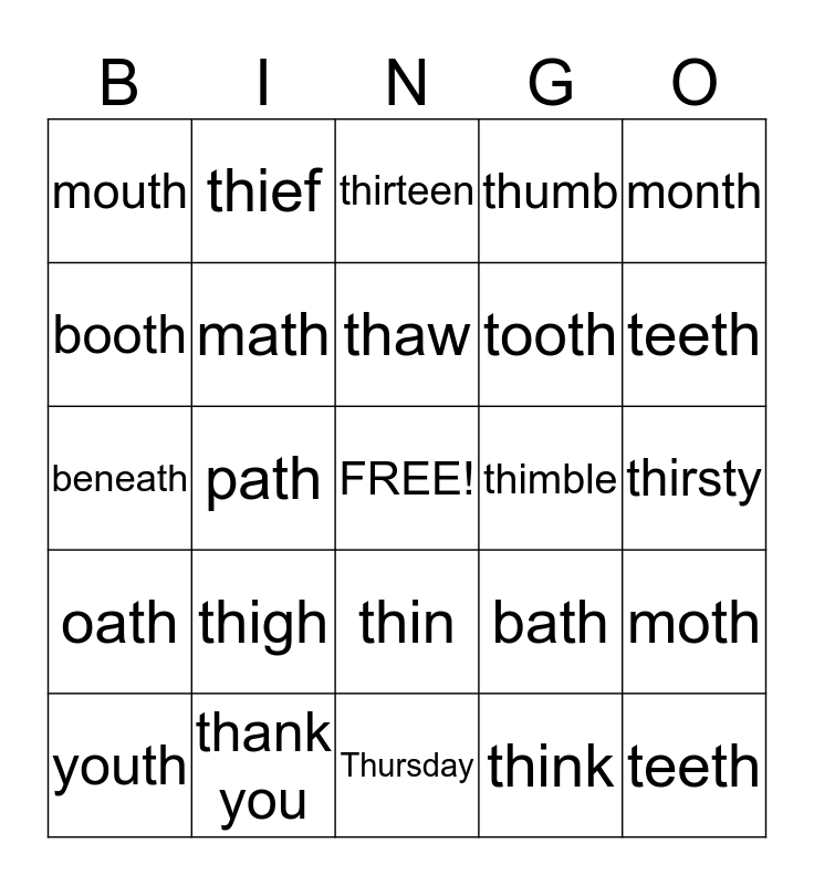 "th" initial and final Bingo Card