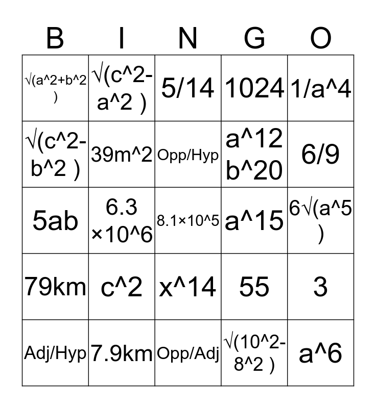 Trig, Pythagoras and Index Bingo Card