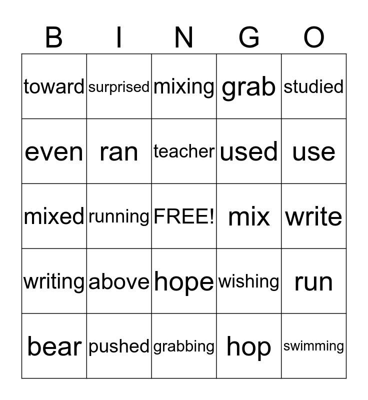Lesson 26 ING, ED, and Words to Know Bingo Card