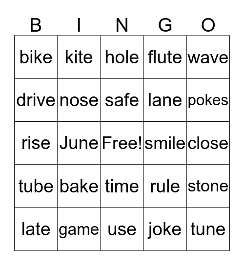 Silent E Words Bingo Card