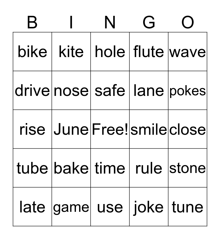 Silent E Words Bingo Card Silent E Words Bingo Card
