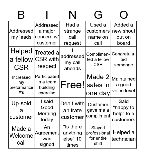 Customer Service Bingo Card Customer Service Bingo Card