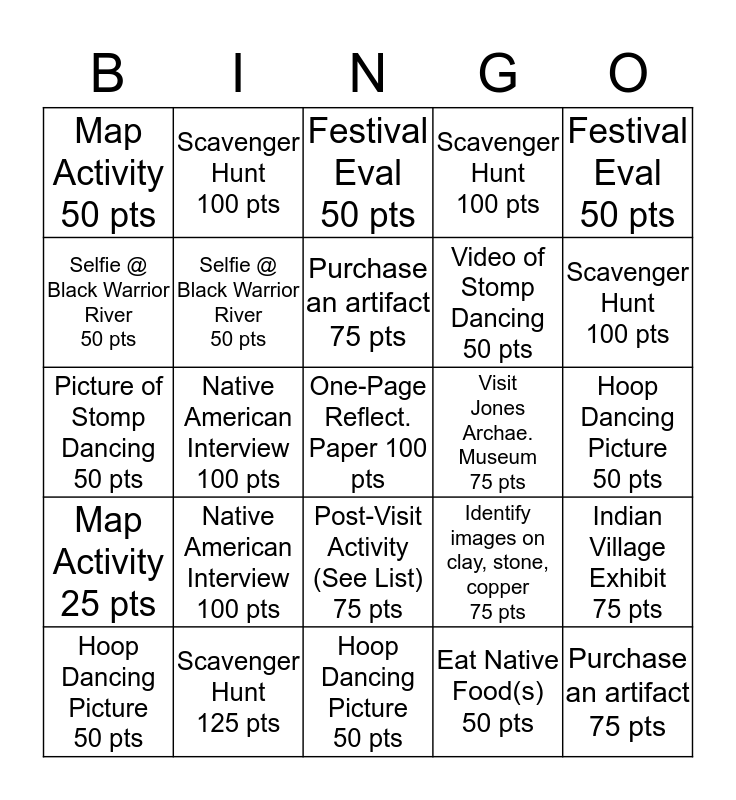 Ms. Jenkins' Native American Festival Field Trip Bingo Card