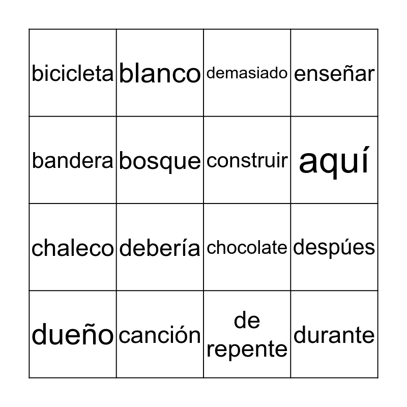 Bingo de Palabras de uso frecuente Bingo Card