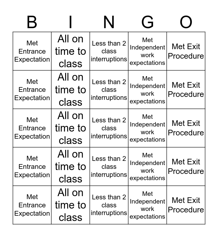 Behavior Bingo (Nov./Dec.) Bingo Card