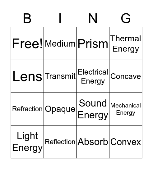 Energy/Light Vocabulary Bingo Card