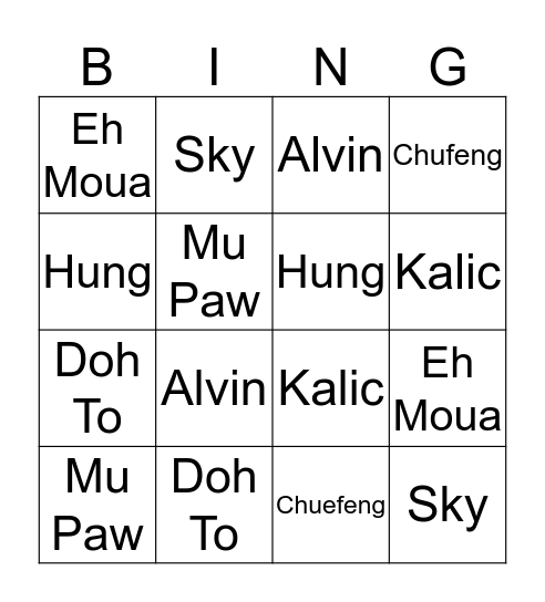 Names Bingo Card