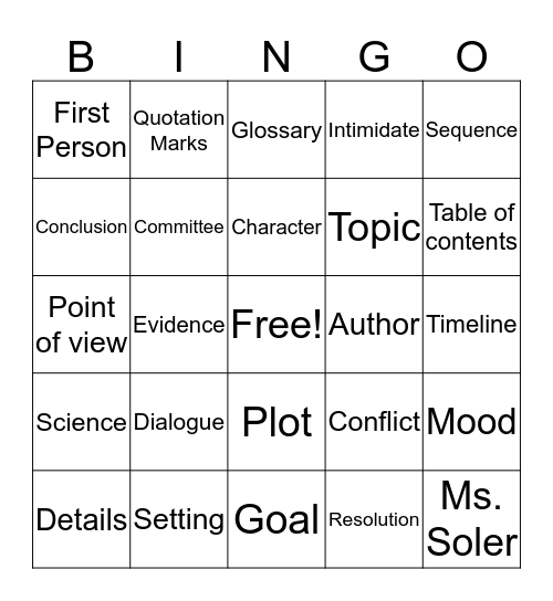 Personal Narrative Bingo Card